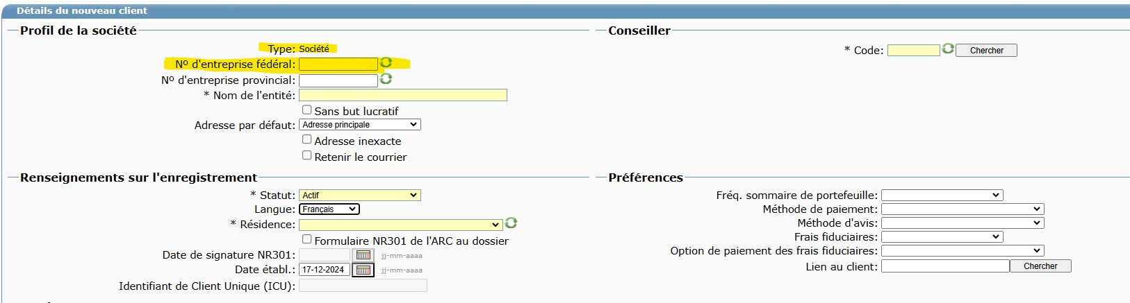 Numéro d’entreprise requis dans Univeris
